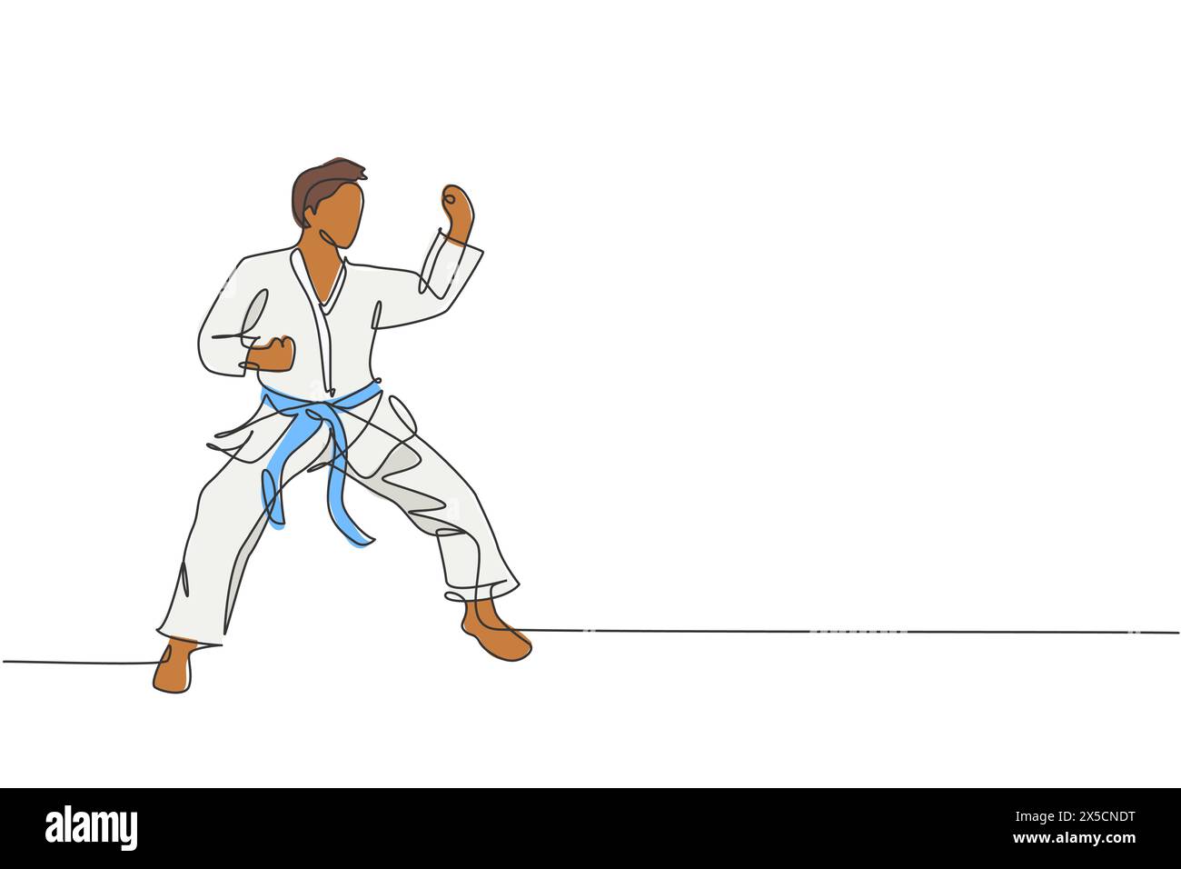 One continuous line drawing of young talented karateka man train pose ...