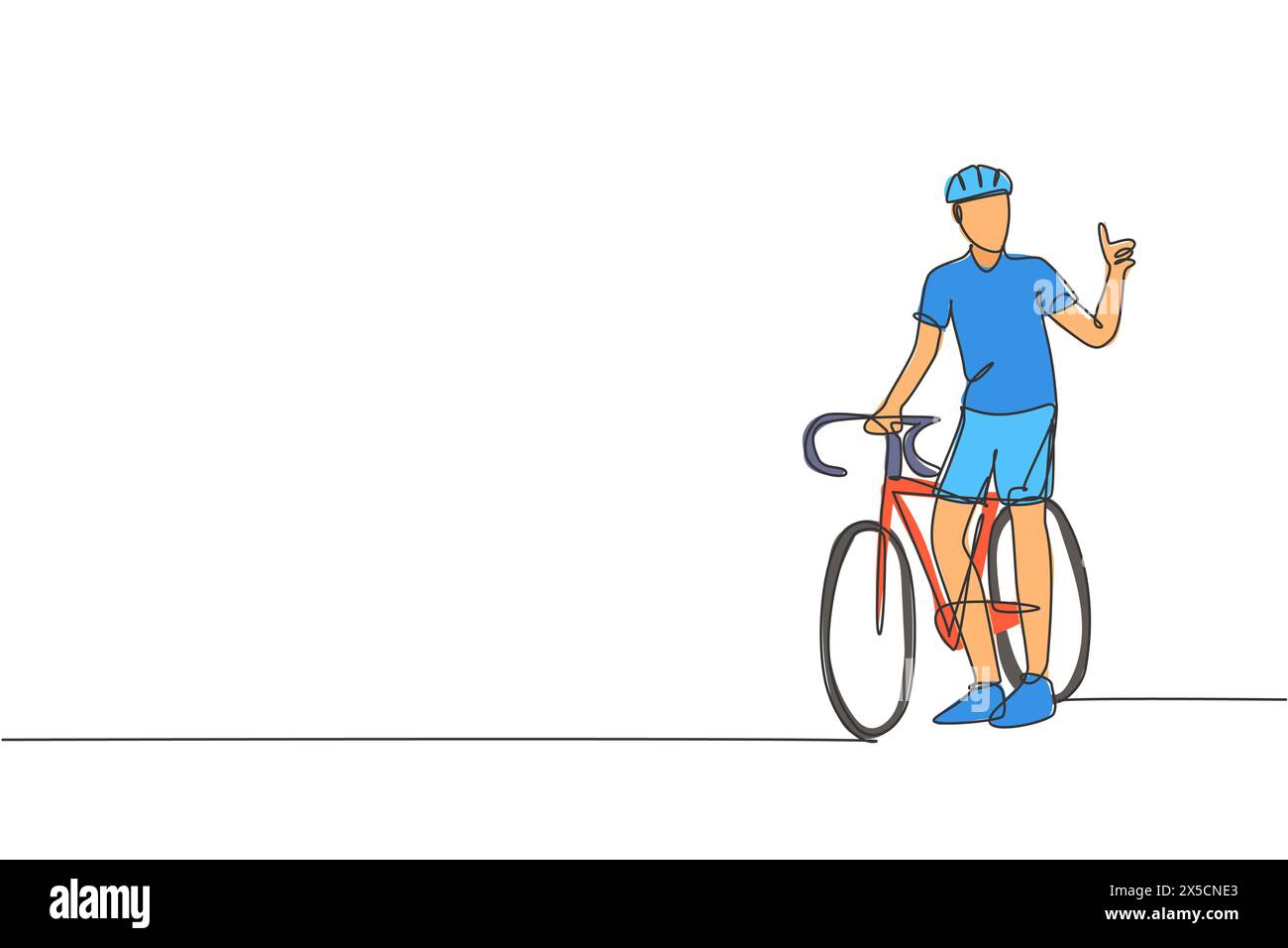 One single line drawing young man bicycle racer pointing his finger up ... One single line drawing young man bicycle racer pointing his finger up ...