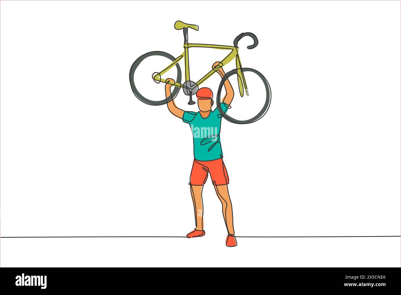 One continuous line drawing young sporty man bicycle racer lift up his ...
