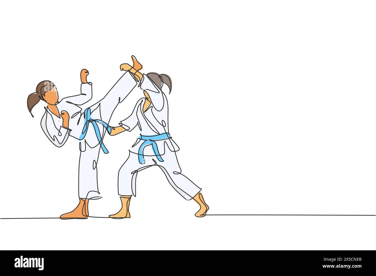 One continuous line drawing of two young talented karateka girls train ...