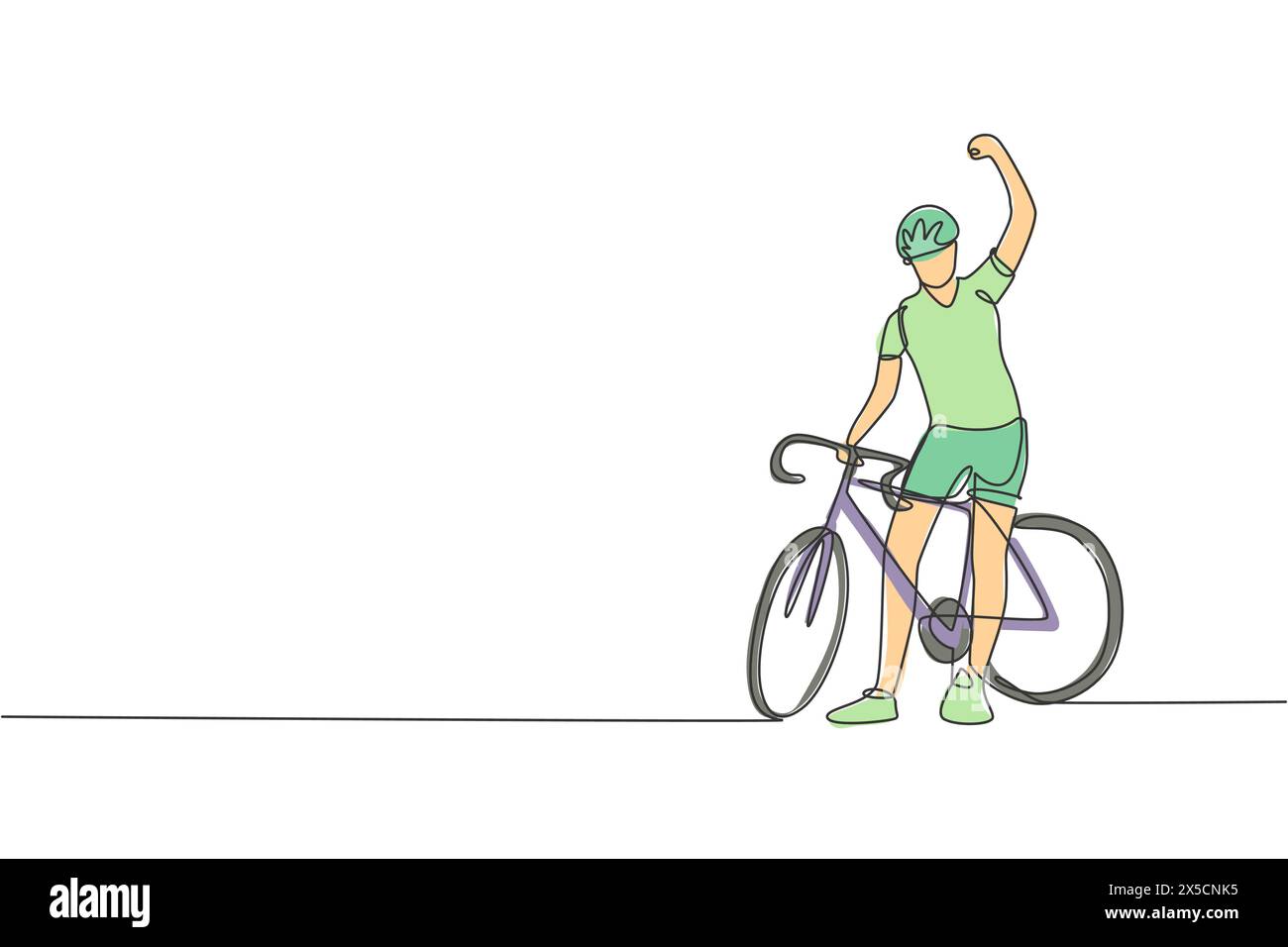 One single line drawing of young energetic man bicycle racer raise hand ...