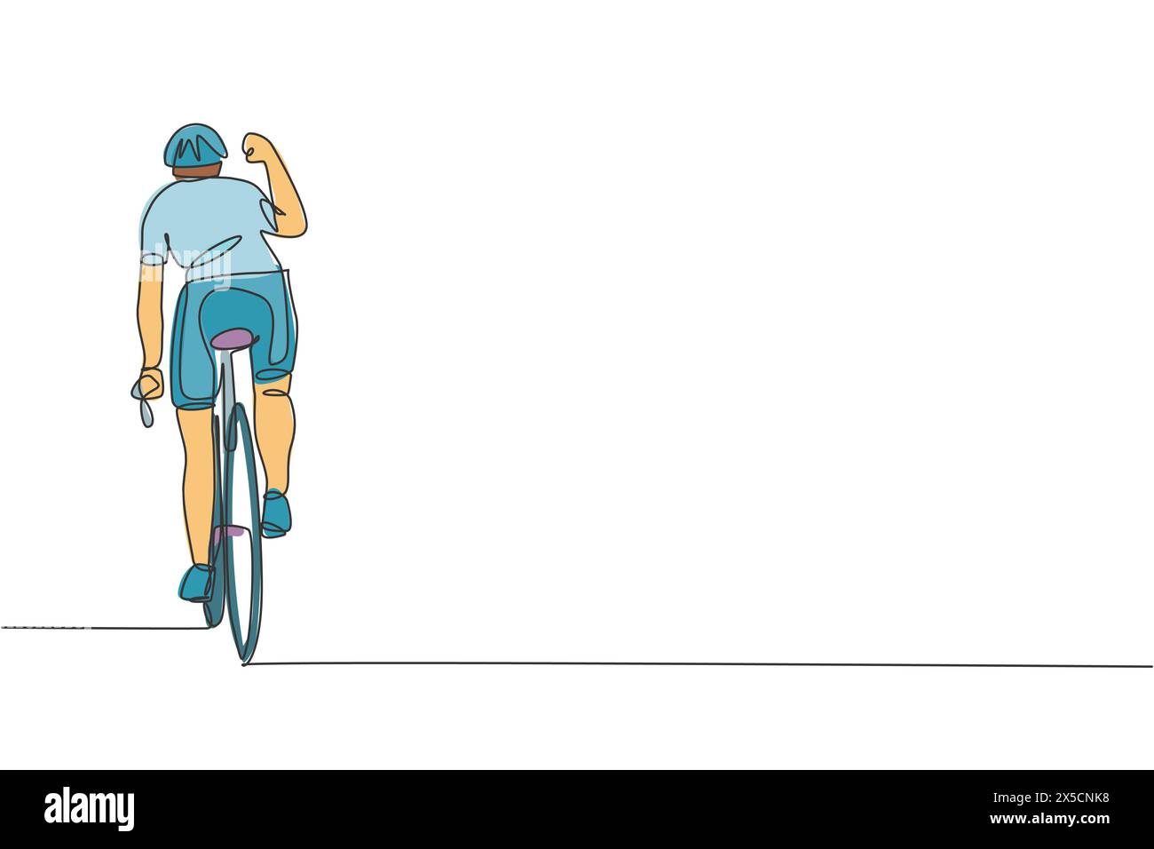 One continuous line drawing of young sporty man bicycle racer raise his ...