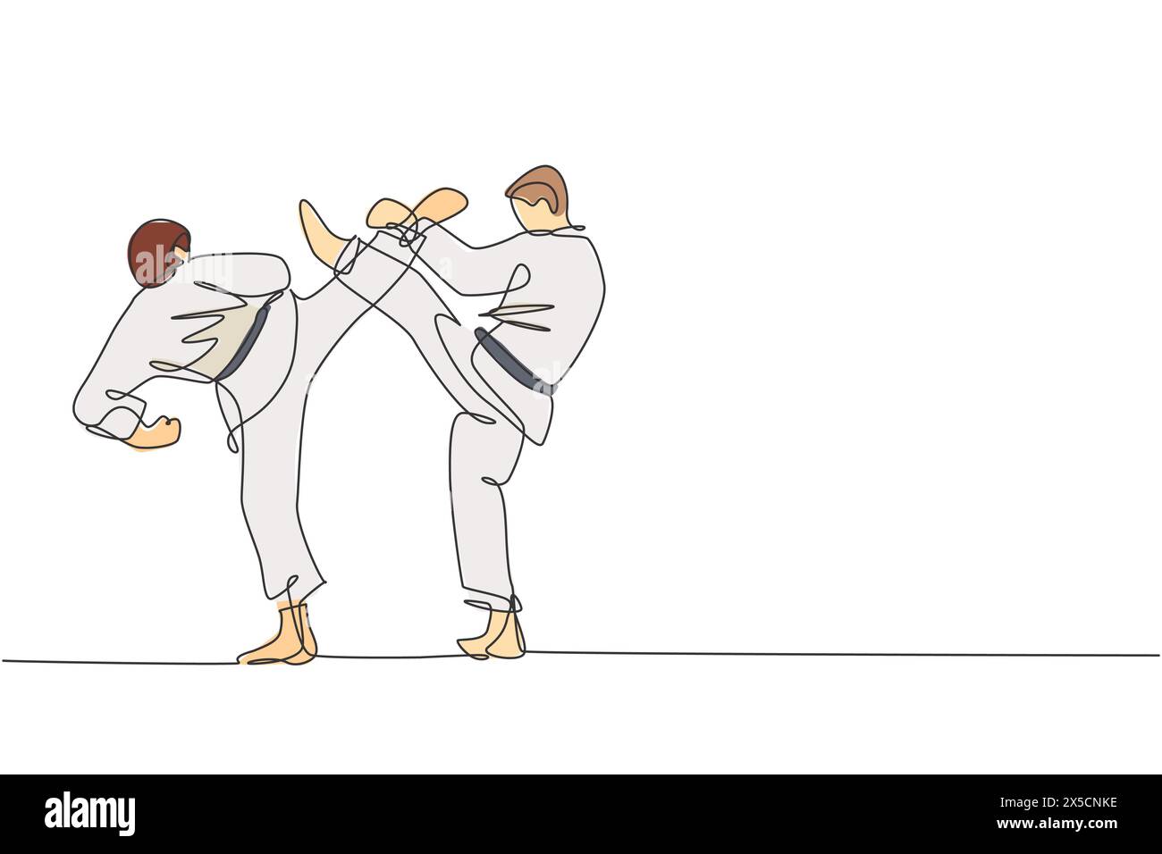 One continuous line drawing of two young talented karateka men train ...