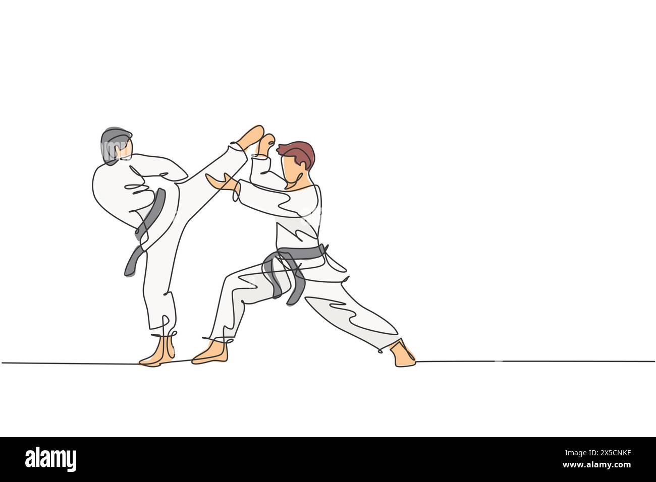One single line drawing of two young sporty karateka men in fight ...