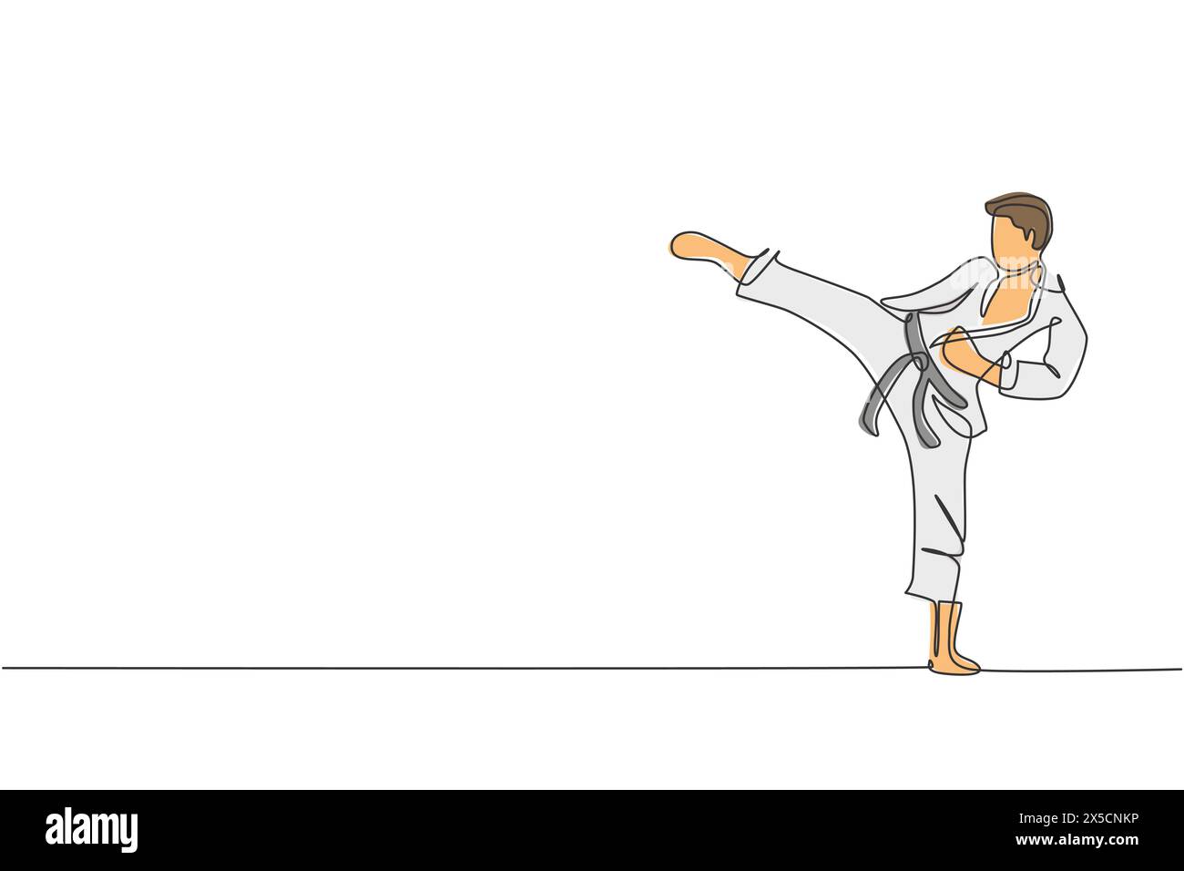 One single line drawing of young sporty karateka man in fight uniform ...