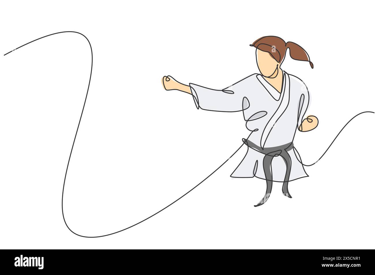 One continuous line drawing of young talented karateka girl train pose ...