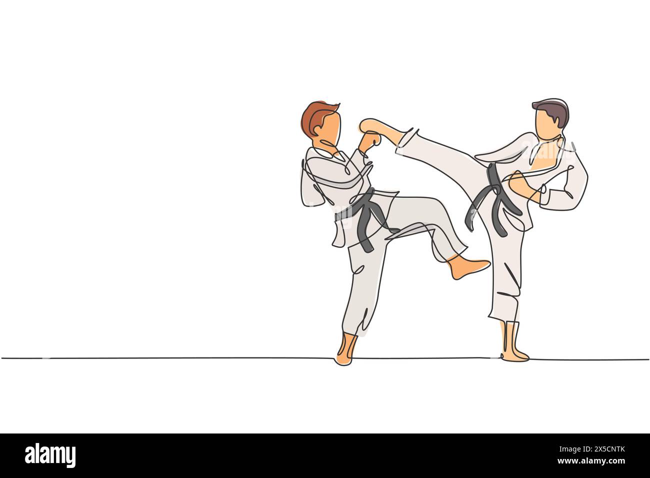 Single continuous line drawing two young confident karateka men in ...