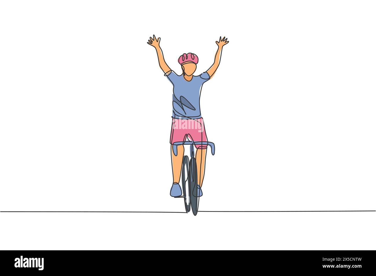 One continuous line drawing of young sporty man bicycle racer cross ...