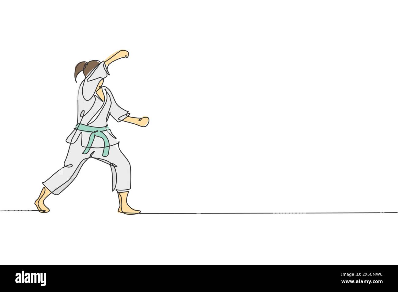 Single continuous line drawing of young confident karateka girl in ...