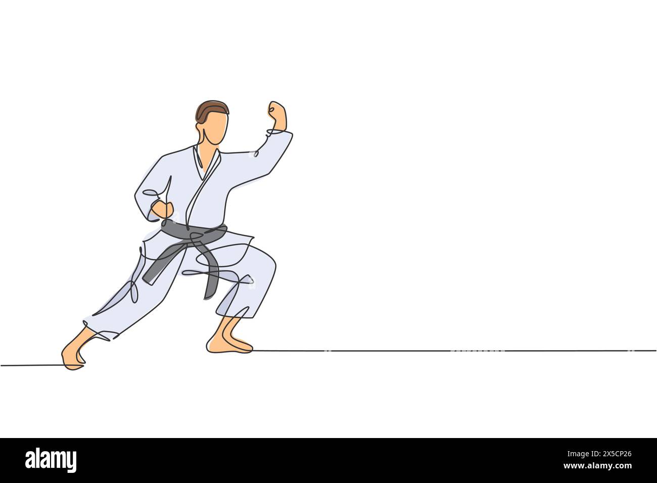 Single continuous line drawing of young confident karateka man in ...