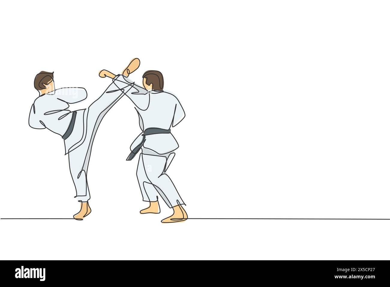 Single continuous line drawing two young confident karateka men in ...