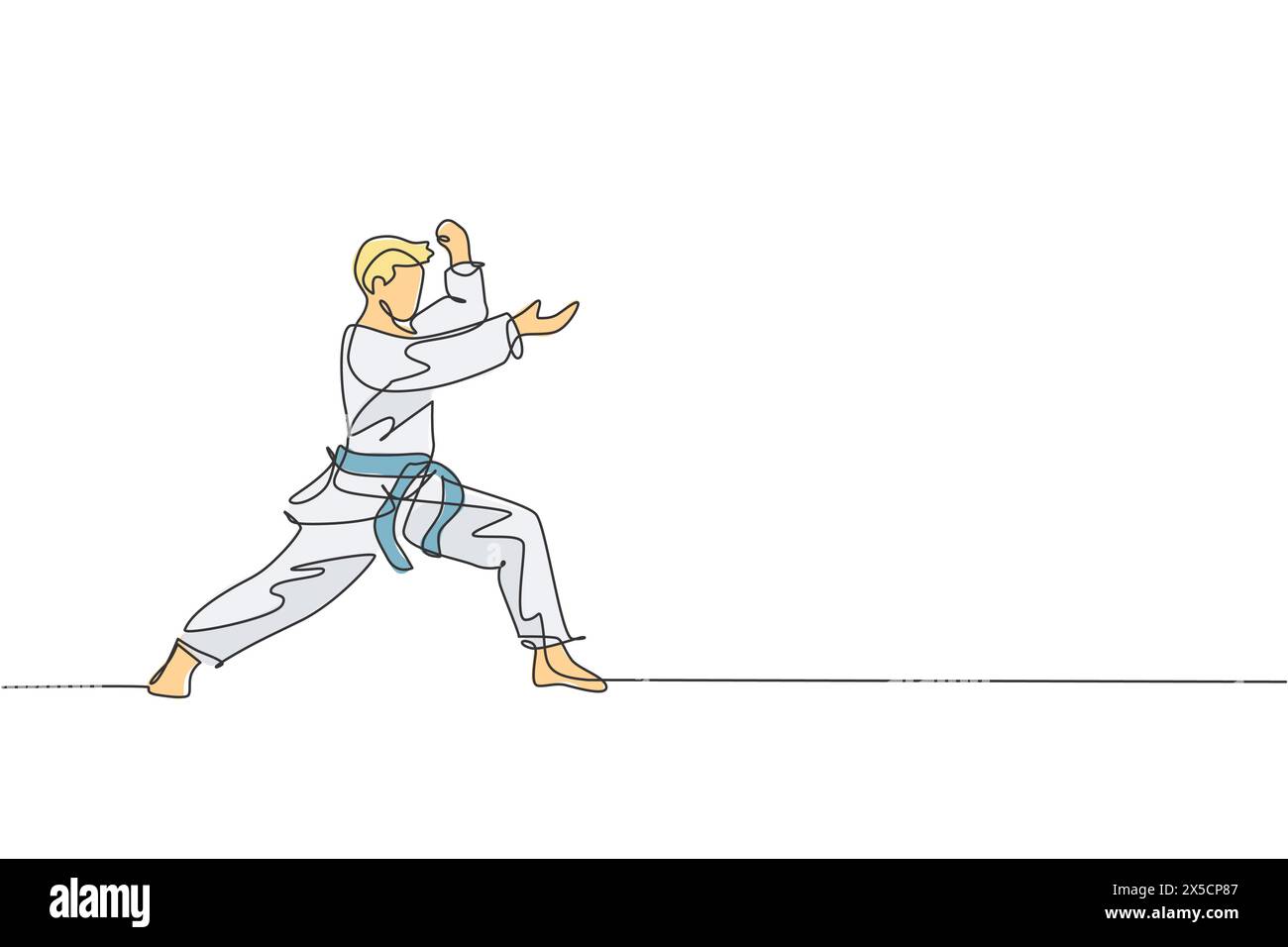 One continuous line drawing of young talented karateka man train pose ...