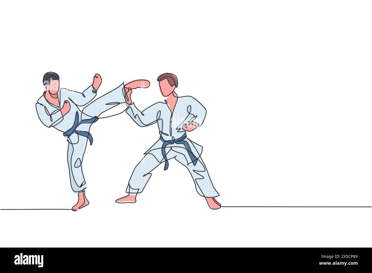 One continuous line drawing of two young talented karateka men train ...