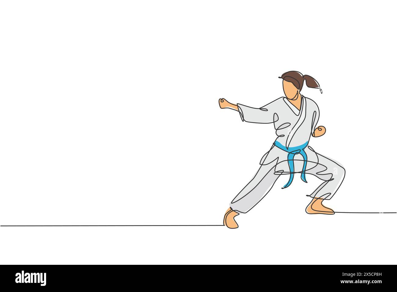 One single line drawing of young sporty karateka girl in fight uniform ...