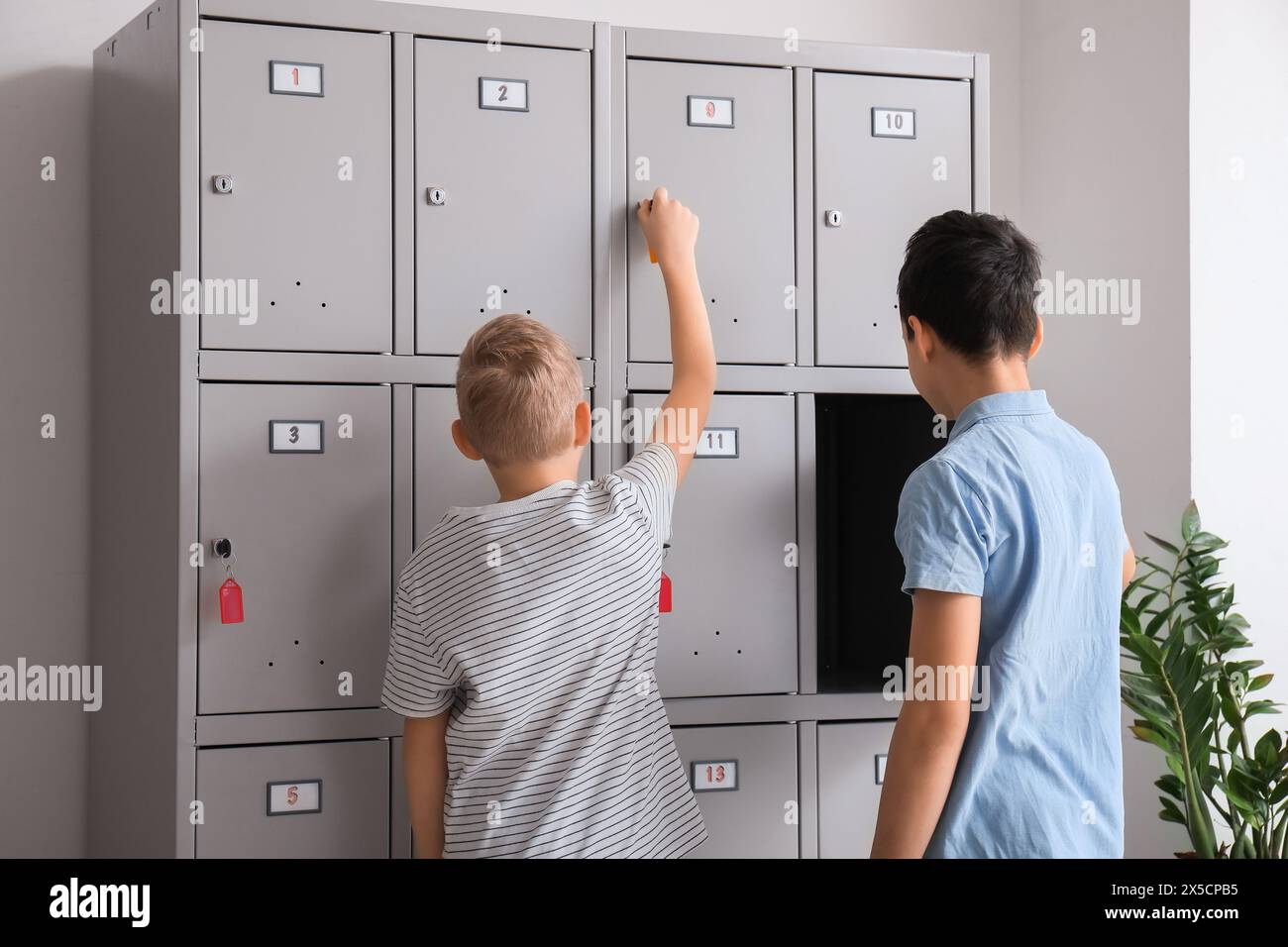 Little schoolboys opening their lockers at school, back view Stock ...