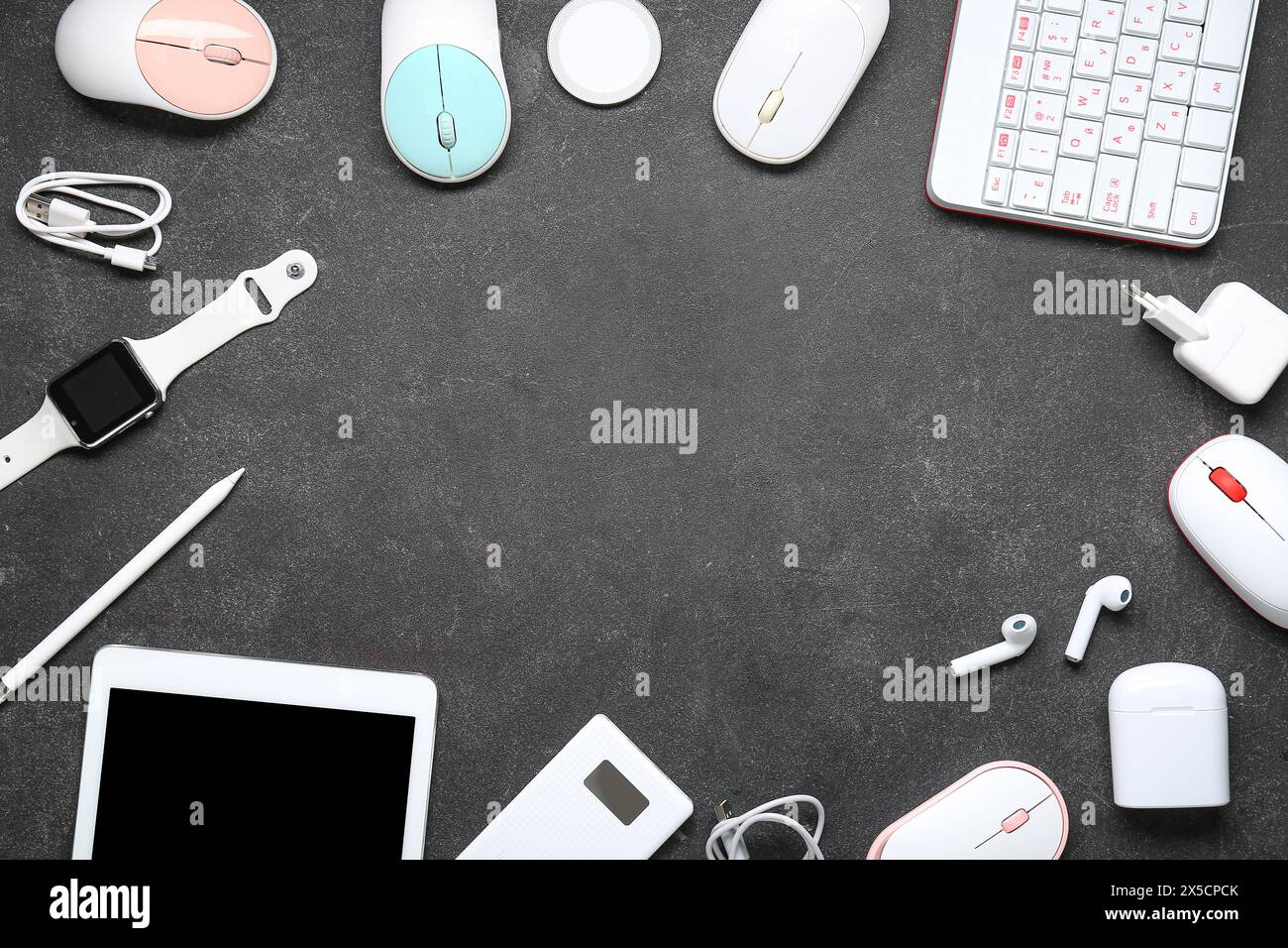 Frame made of different modern gadgets on dark background Stock Photo ...