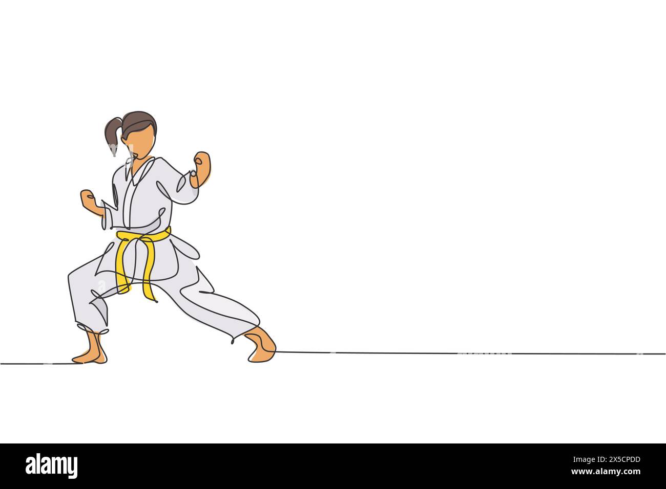 One single line drawing of young sporty karateka girl in fight uniform ...