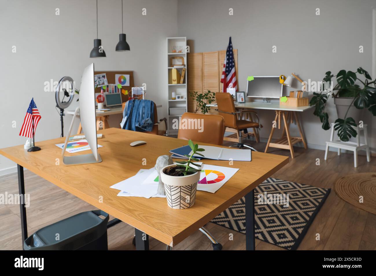 Interior of spacious office with workplaces, modern computers and USA ...