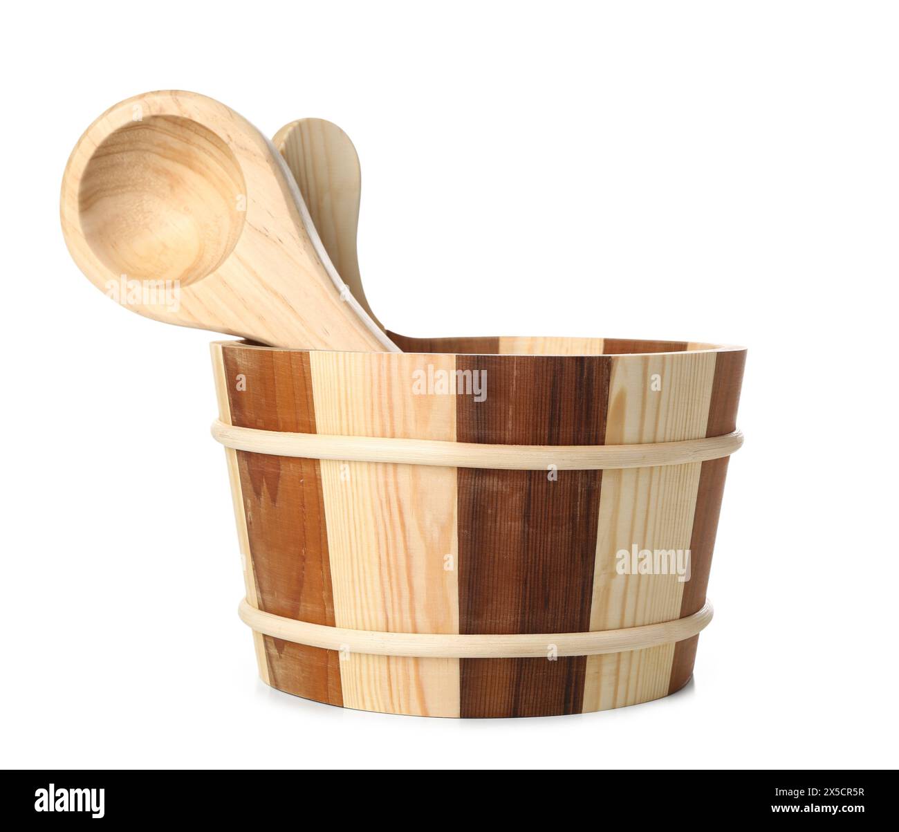 Wooden bucket and ladle for sauna on white background Stock Photo - Alamy