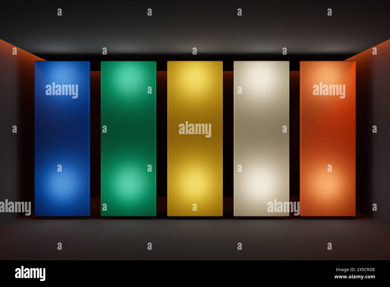 3D illustration of a layout of multi-colored screens in a black room ...