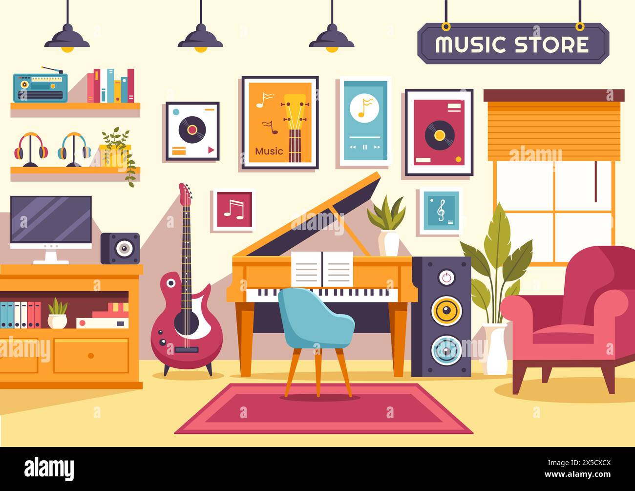 Music Store Vector Illustration with Various Musical Instruments, CD ...
