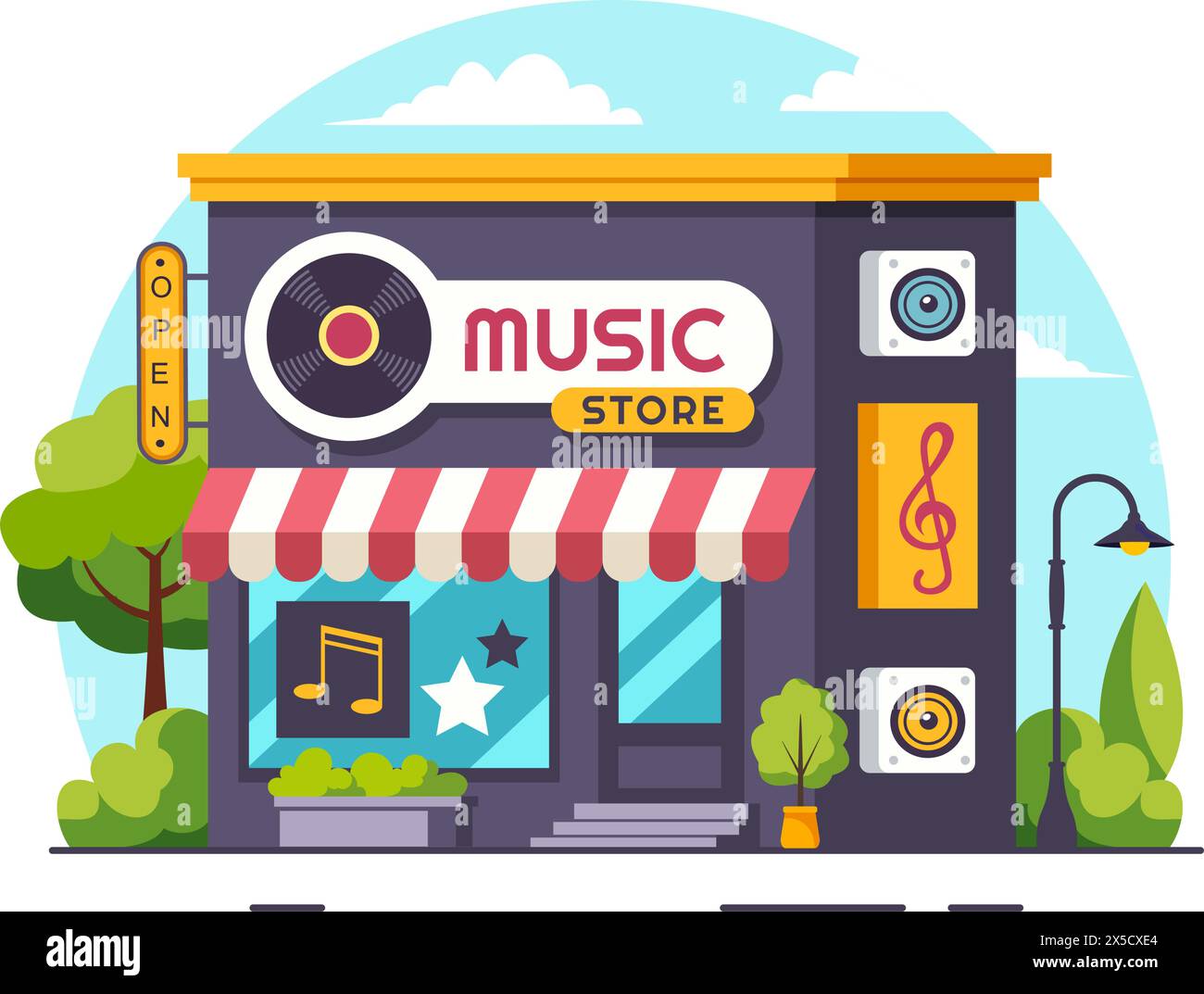 Music Store Vector Illustration with Various Musical Instruments, CD ...