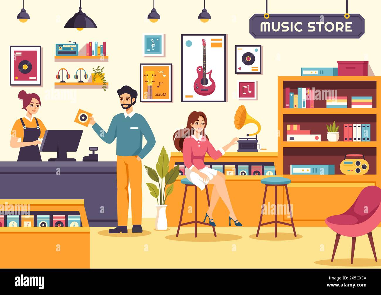 Music Store Vector Illustration with Various Musical Instruments, CD ...