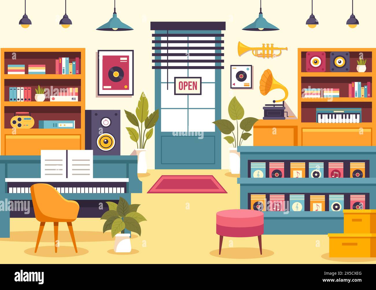Music Store Vector Illustration with Various Musical Instruments, CD ...
