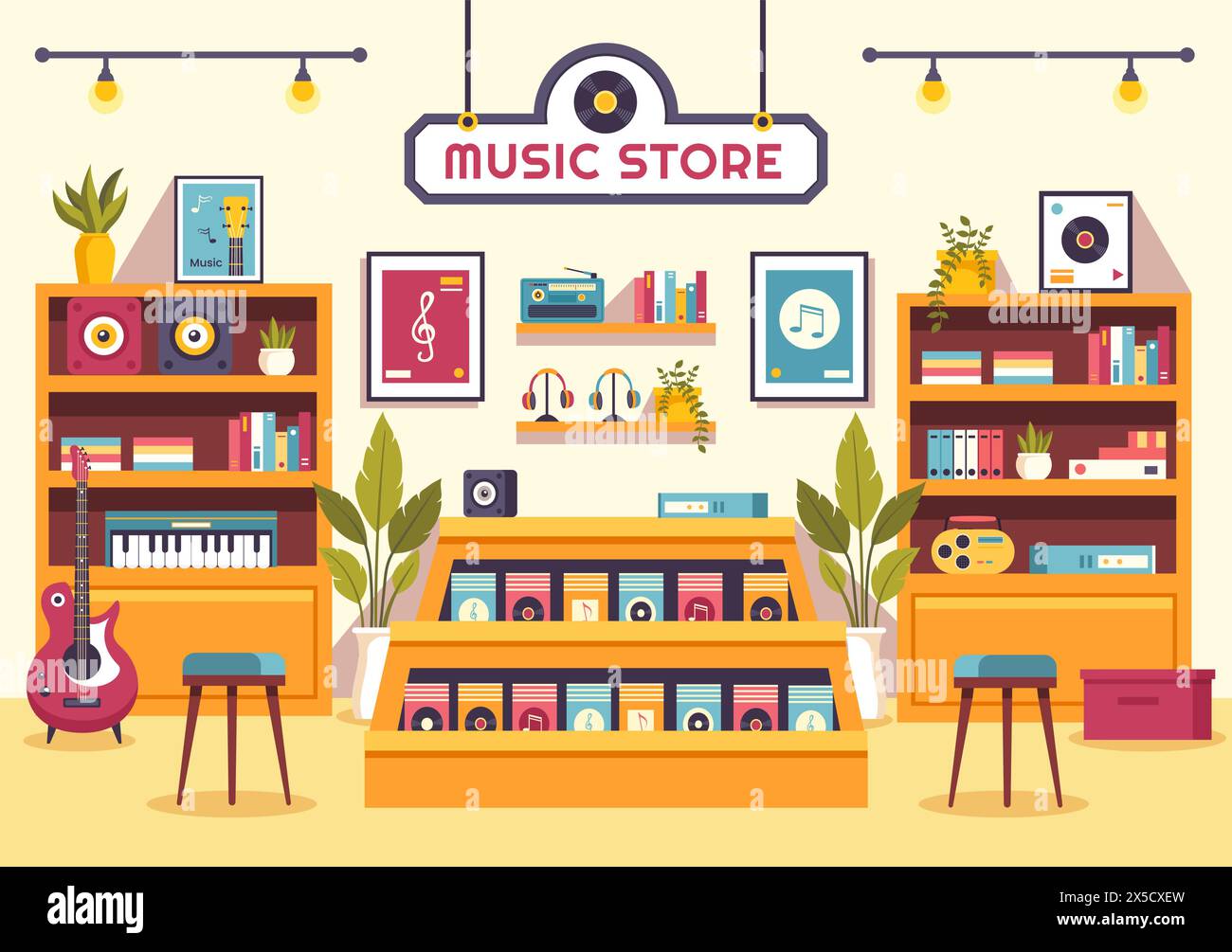 Music Store Vector Illustration with Various Musical Instruments, CD ...