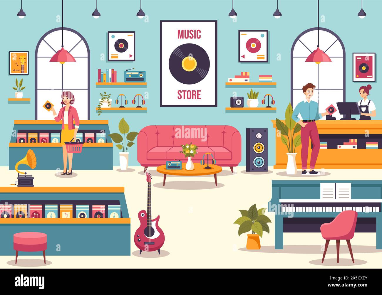 Music Store Vector Illustration with Various Musical Instruments, CD ...