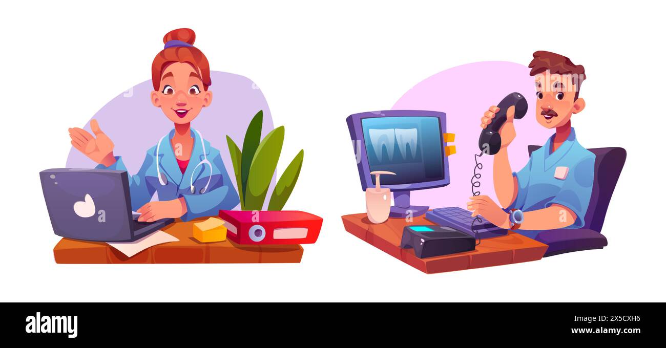 Doctor computer desk in hospital office vector illustration. Medical ...