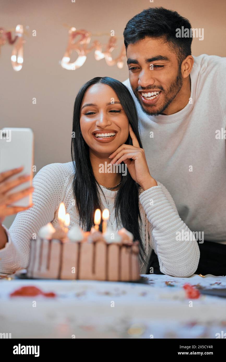 Selfie, birthday and couple with cake at party with love, relationship ...