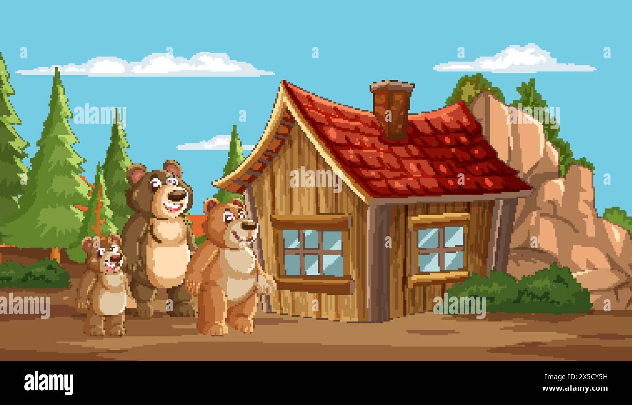 Three cartoon bears near a wooden cabin in forest Stock Vector Image ...