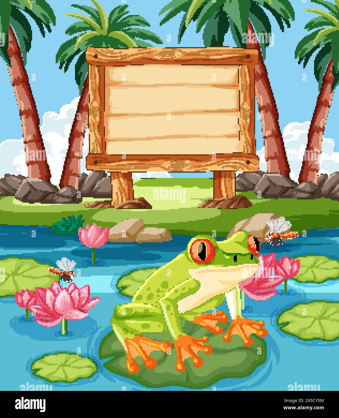 Colorful frog on lily pads near wooden sign Stock Vector Image & Art ...