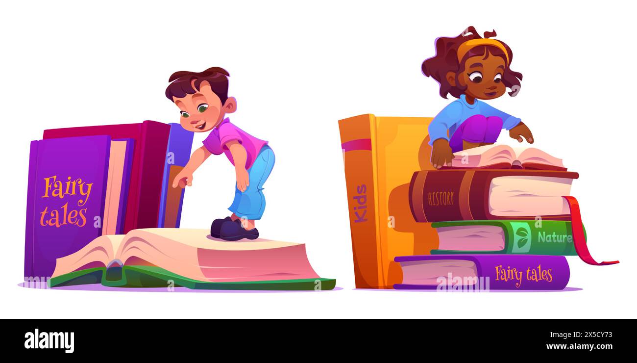 Kids reading books set isolated on white background. Vector cartoon ...