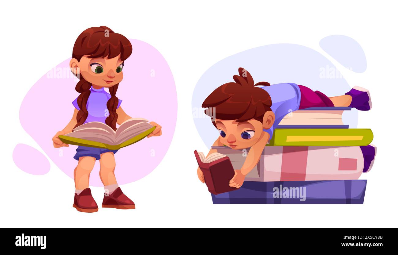 Smart kids reading books set isolated on white background. Vector ...