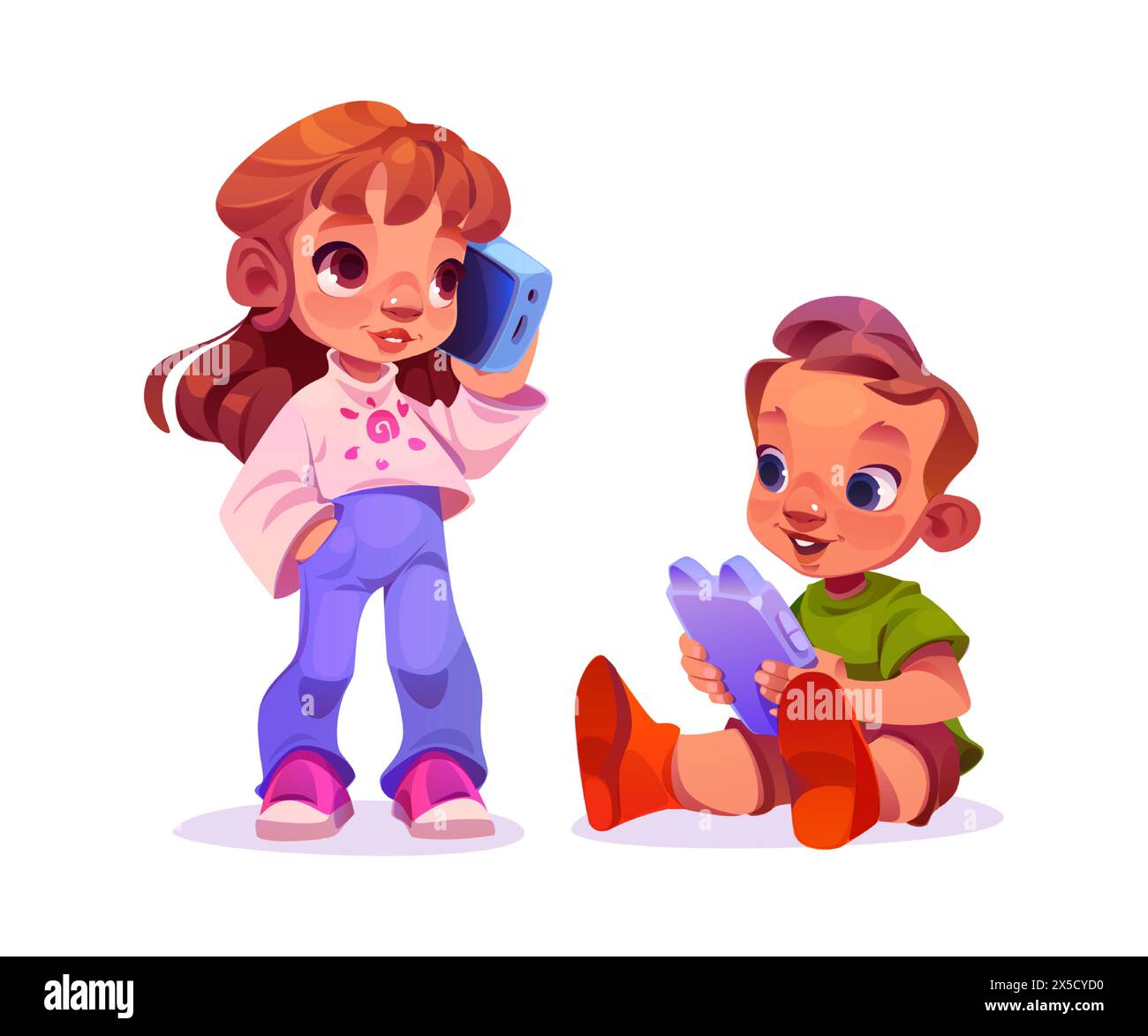 Kid play and talk with mobile phone. Little boy sitting with device in ...