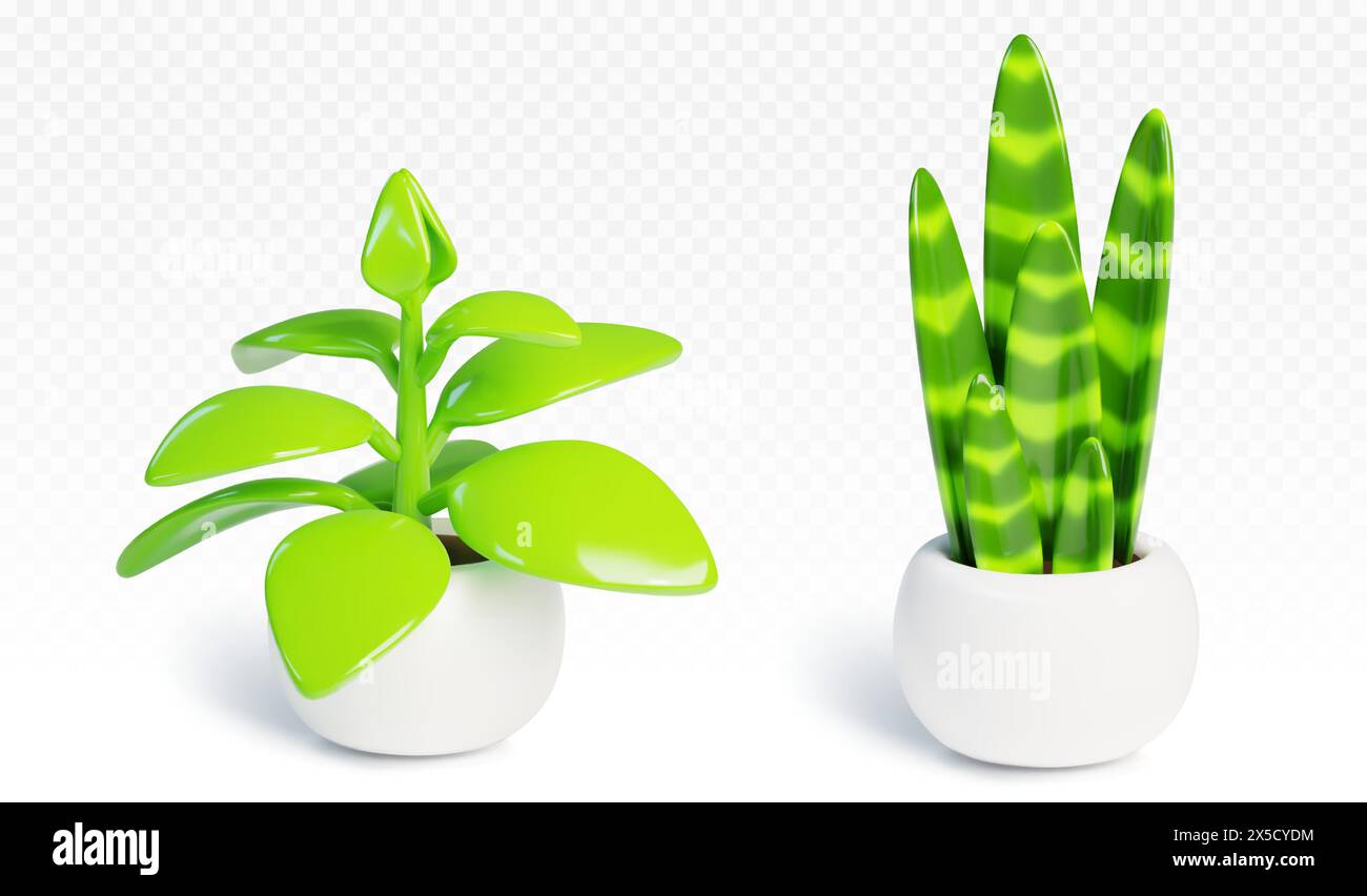 Green plant in pot for home and office decoration. Realistic 3d cartoon vector set of foliage ...