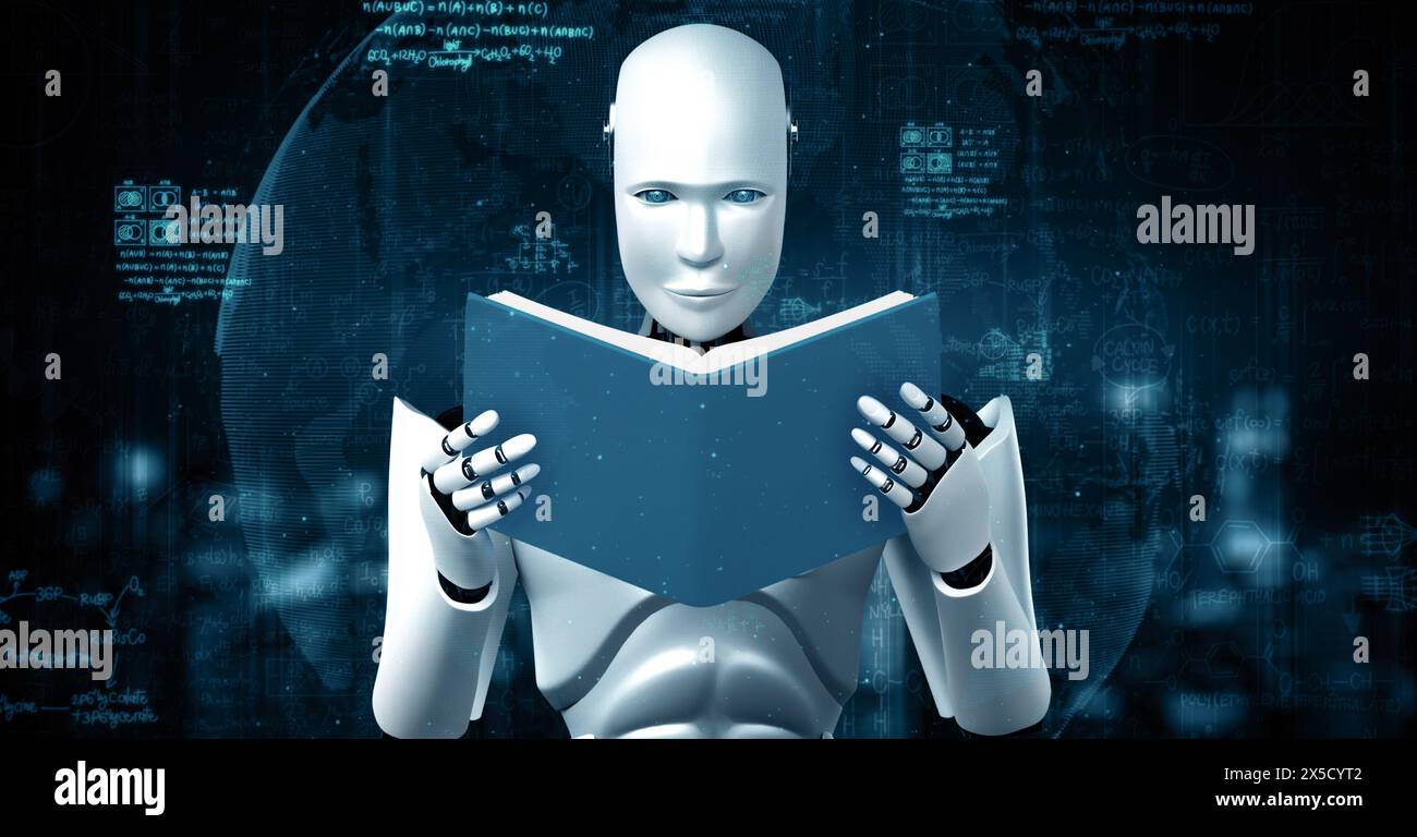MLP 3d illustration of robot hominoid reading book and solving math data analytics in concept of ...