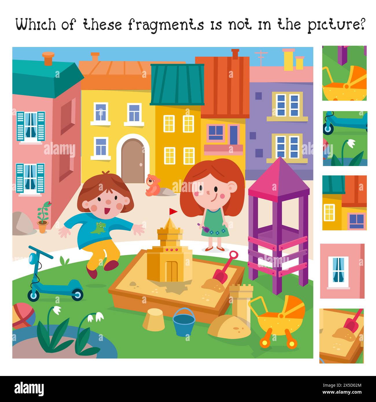 Puzzle game for kids. Children on playground in summer. Find fragments ...