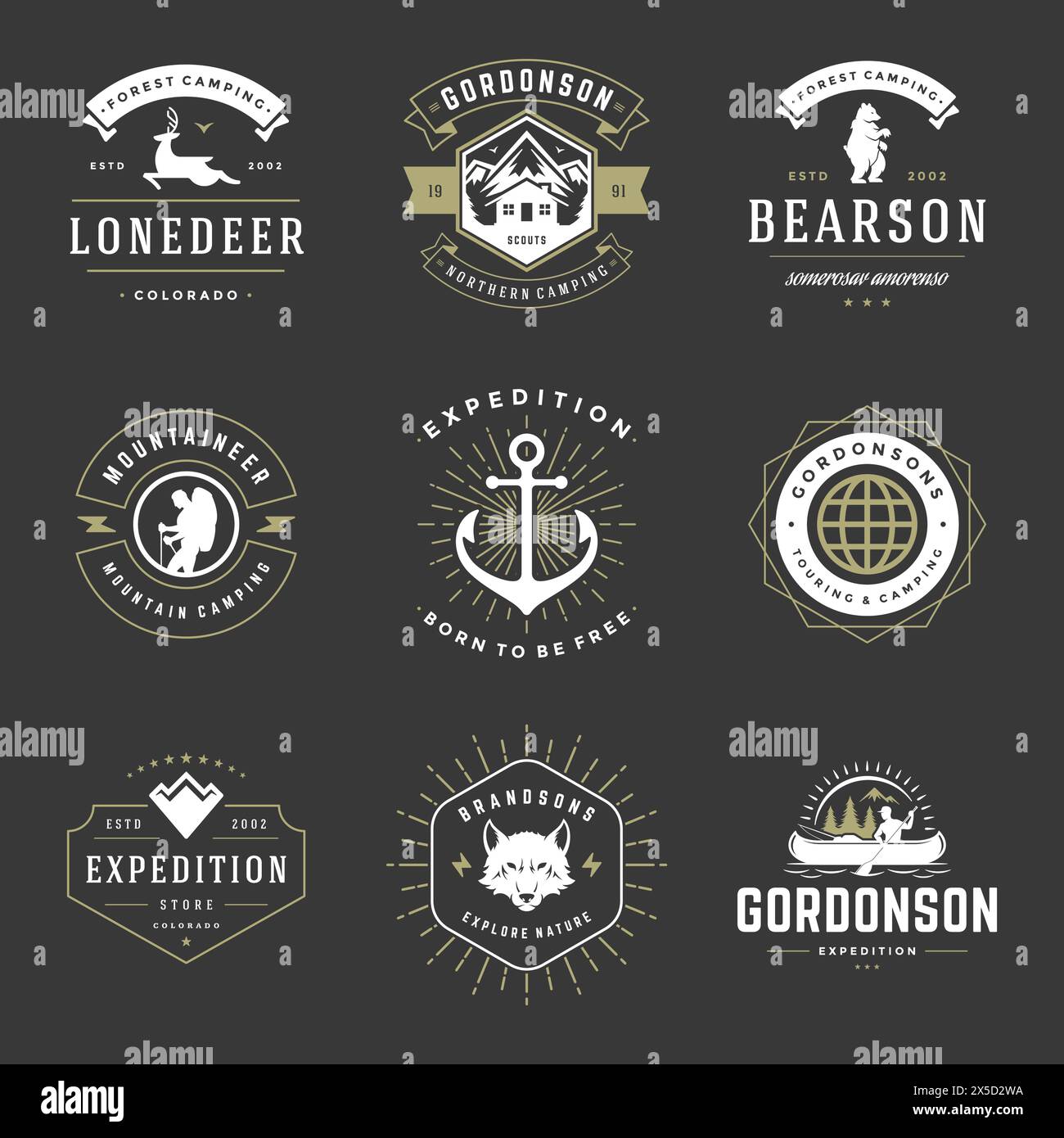 Camping logos templates vector design elements and silhouettes set ...