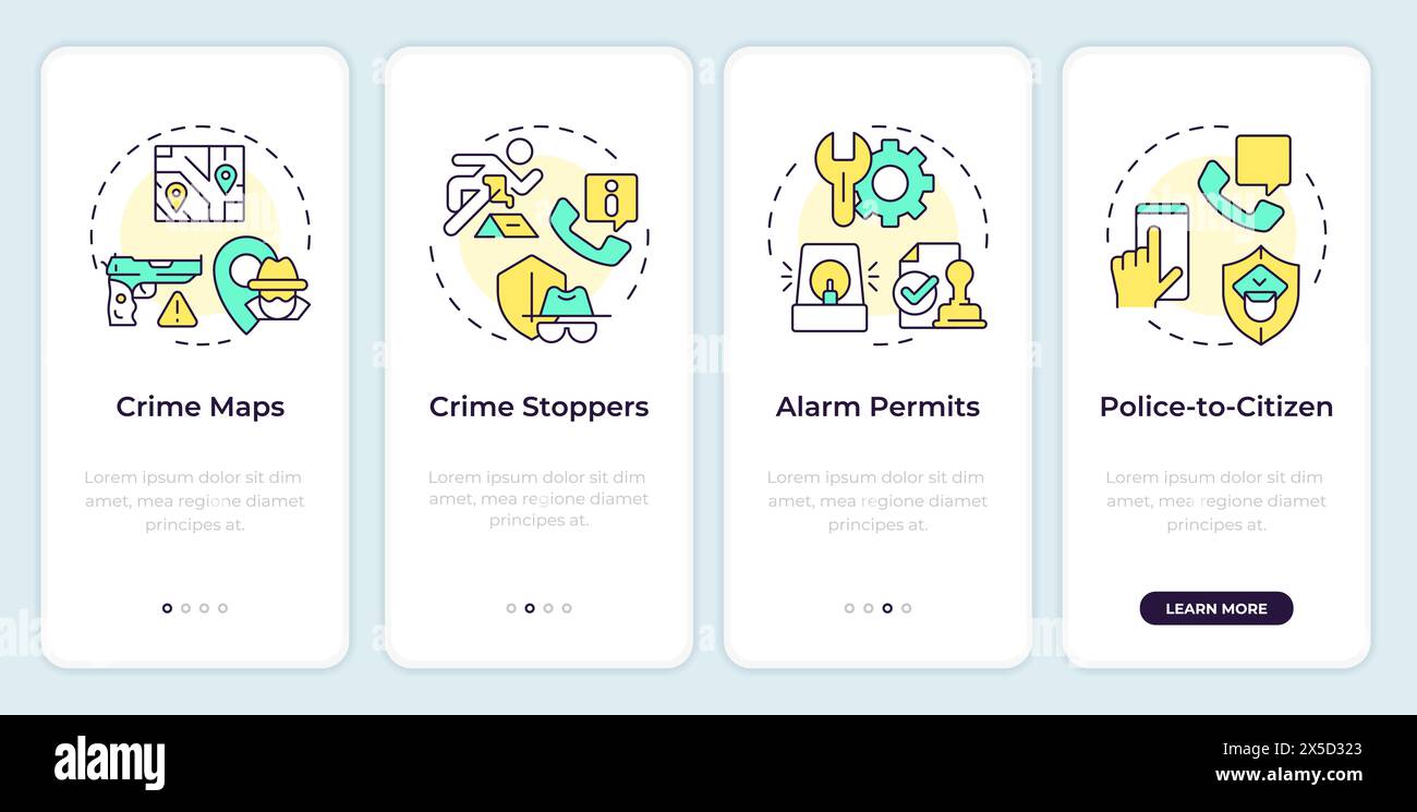 Crime prevention tools onboarding mobile app screen Stock Vector Image ...