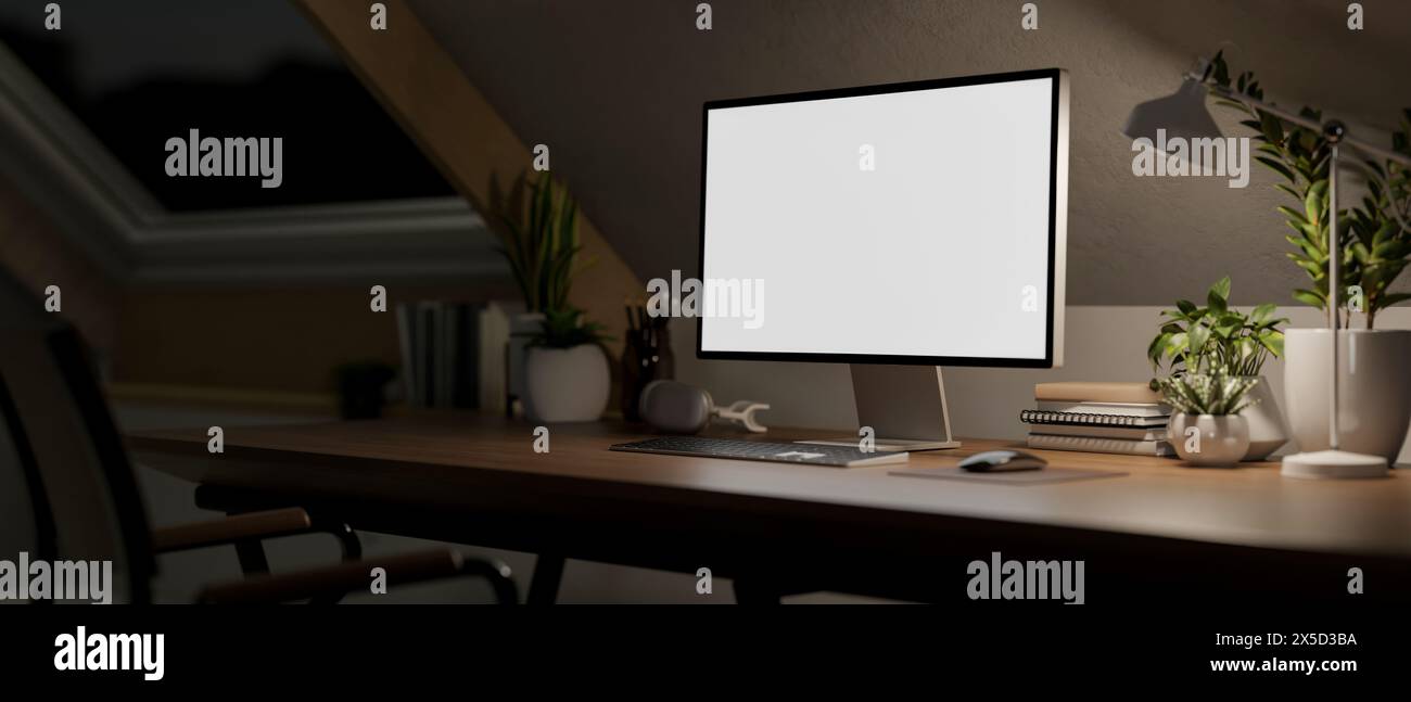 A contemporary minimalist dark home office workspace in the attic room ...