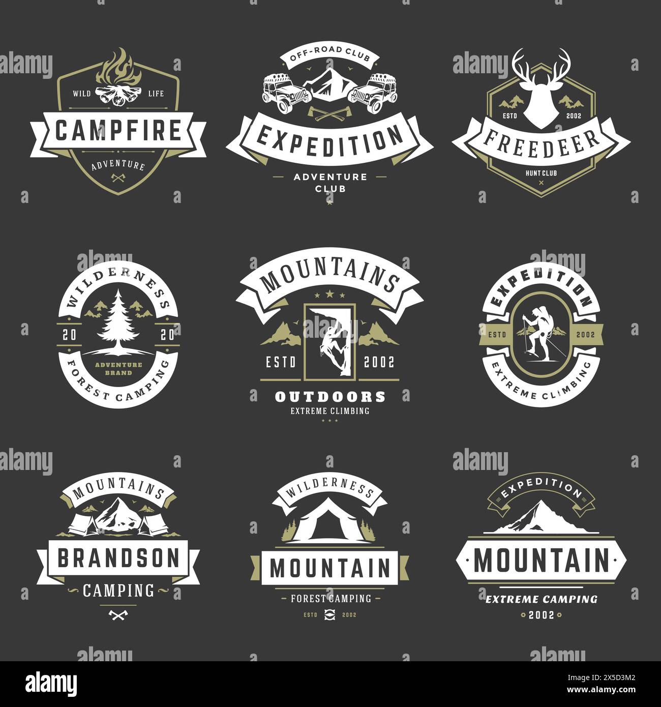Camping logos templates vector design elements and silhouettes set ...