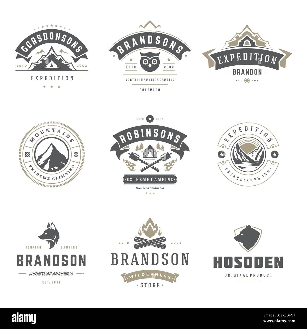 Camping logos design templates vector elements and silhouettes set ...