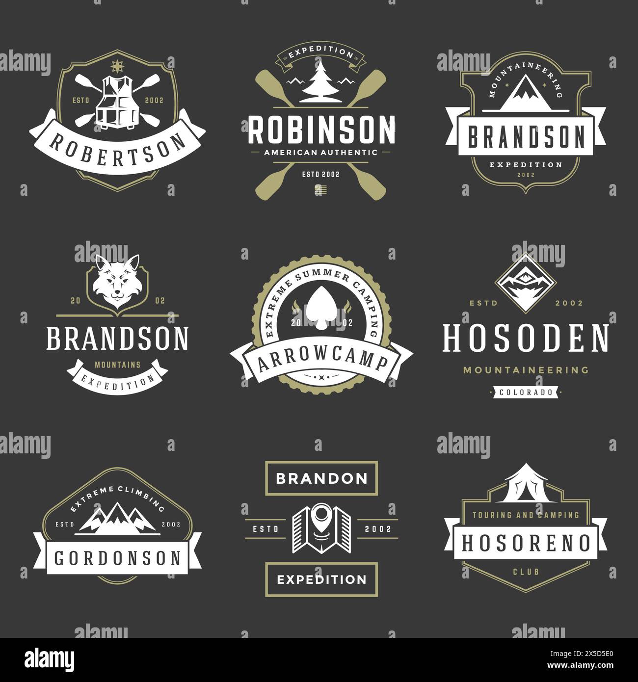 Camping logos templates vector design elements and silhouettes set ...