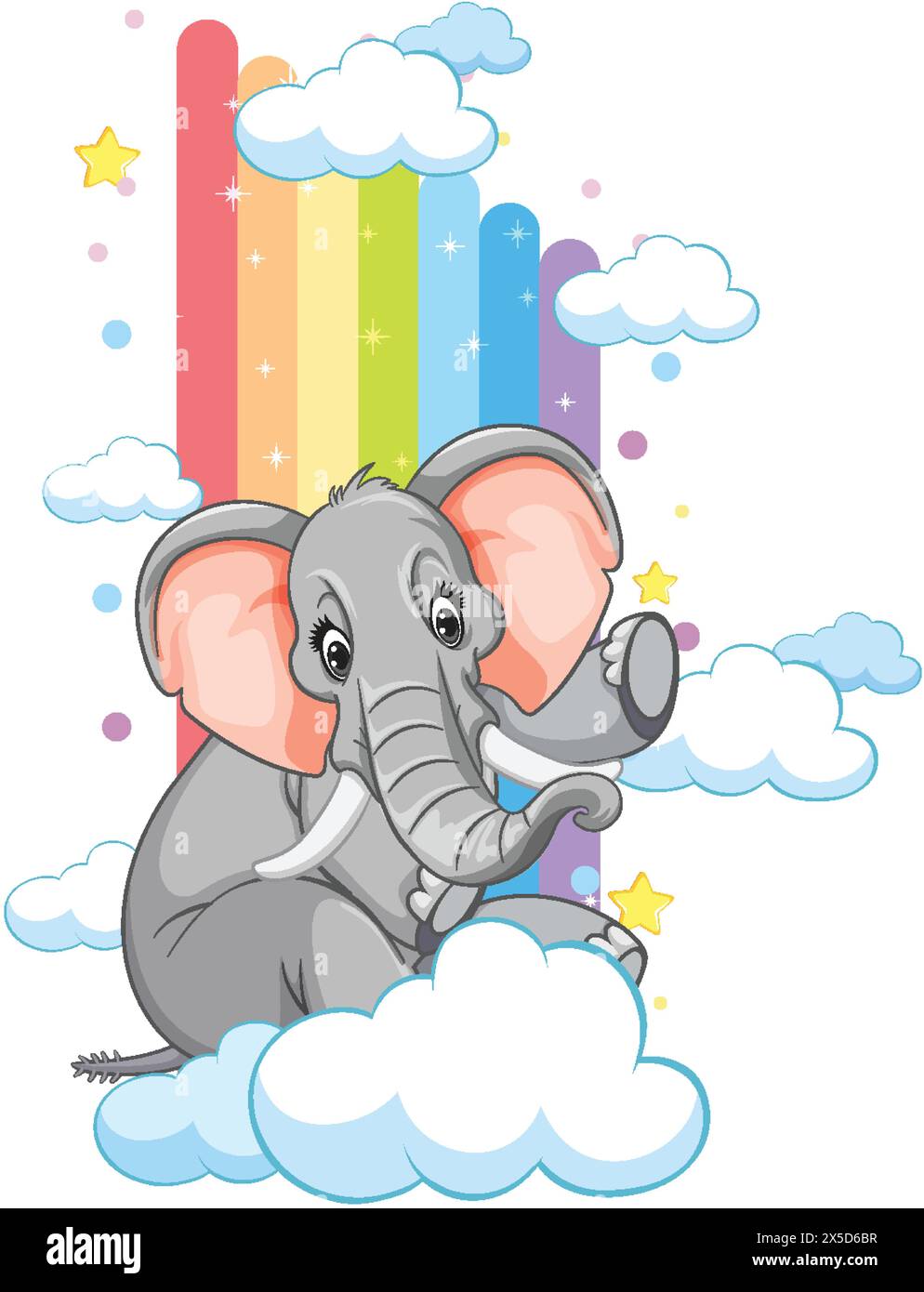 Cute elephant sitting on clouds with rainbow Stock Vector Image & Art ...