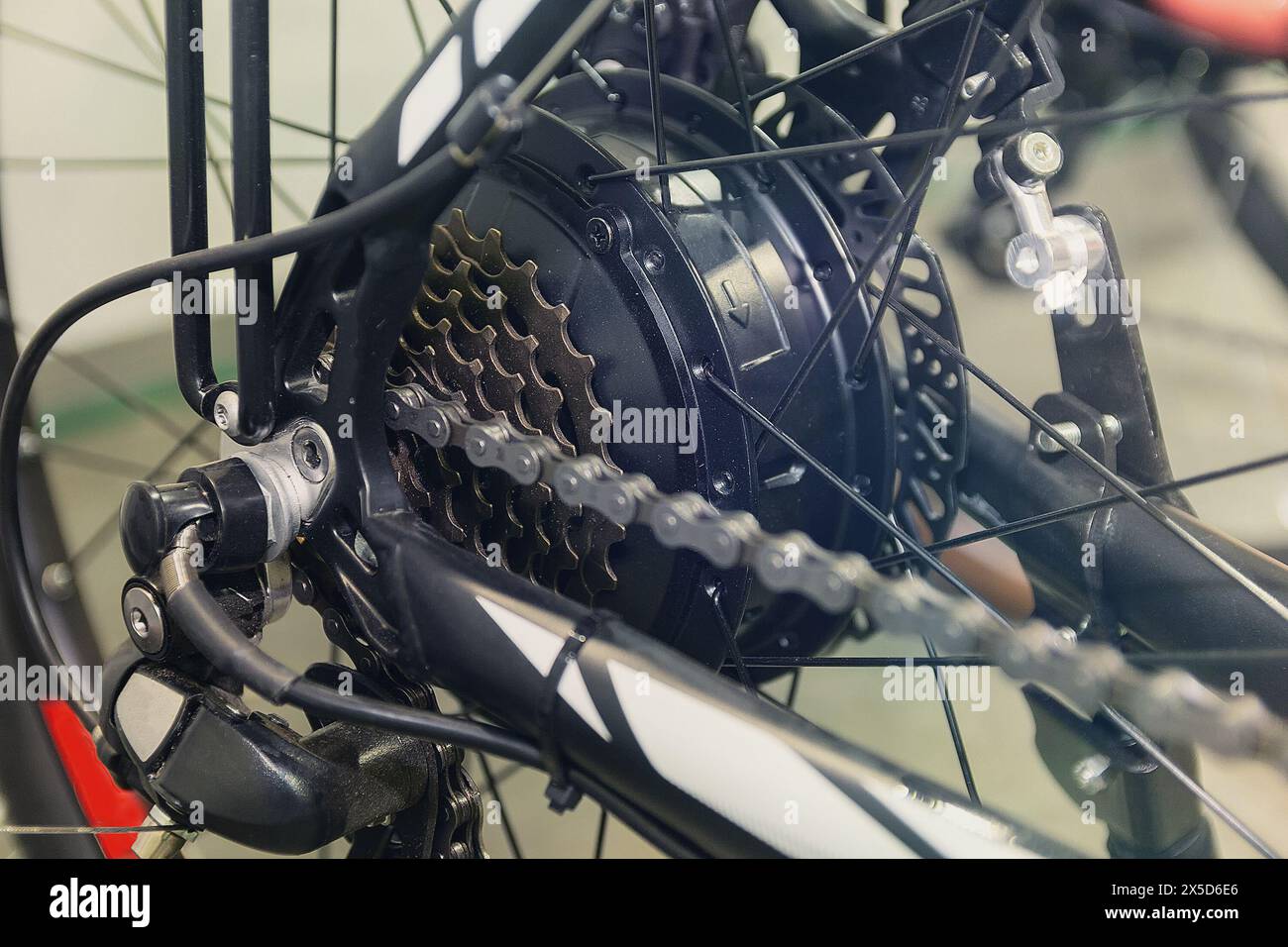 Electric motor and gears on rear e-bike hub close-up. Transport Stock ...