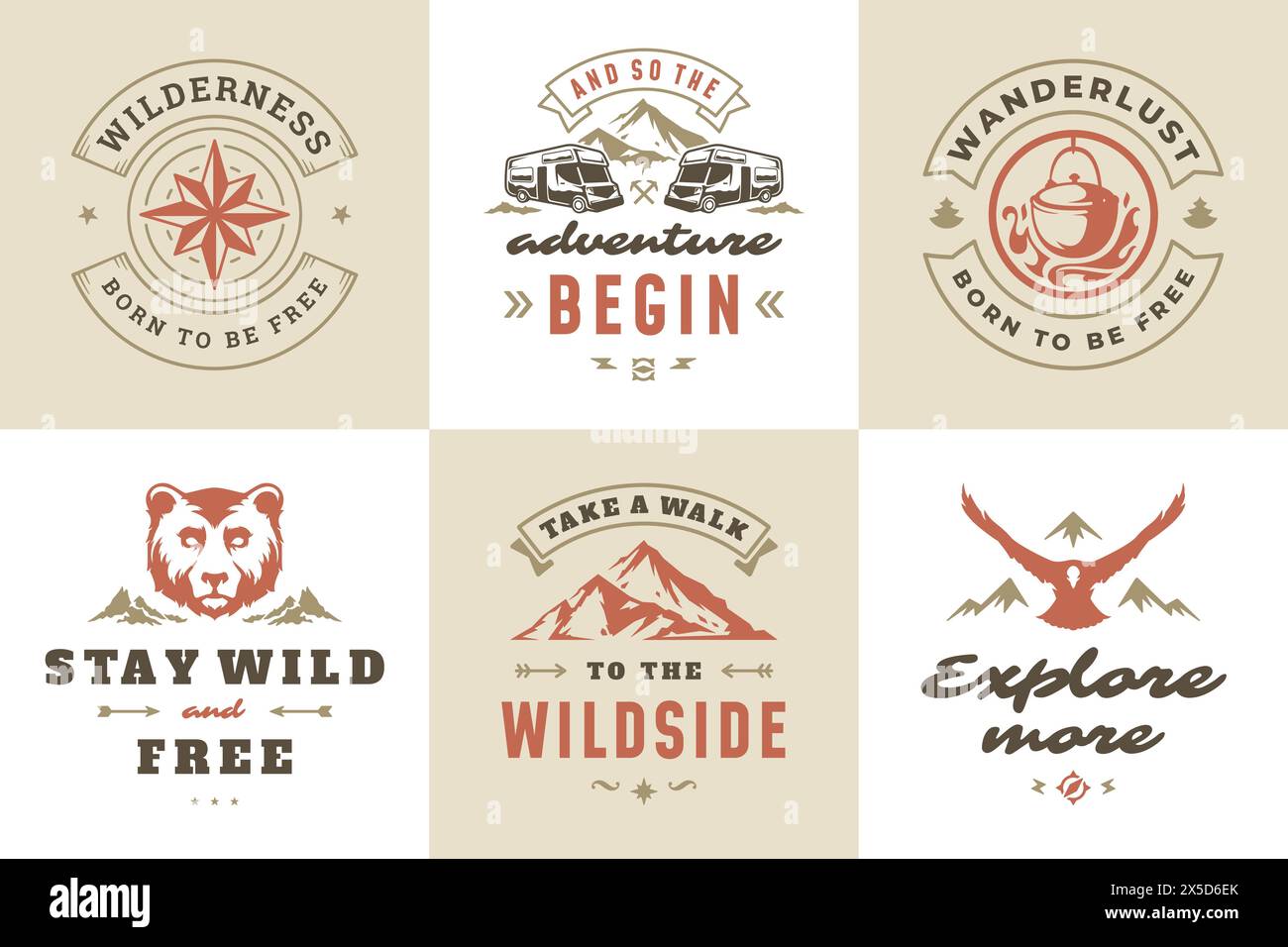 Camping and outdoor adventure quotes and sayings typography set vector ...