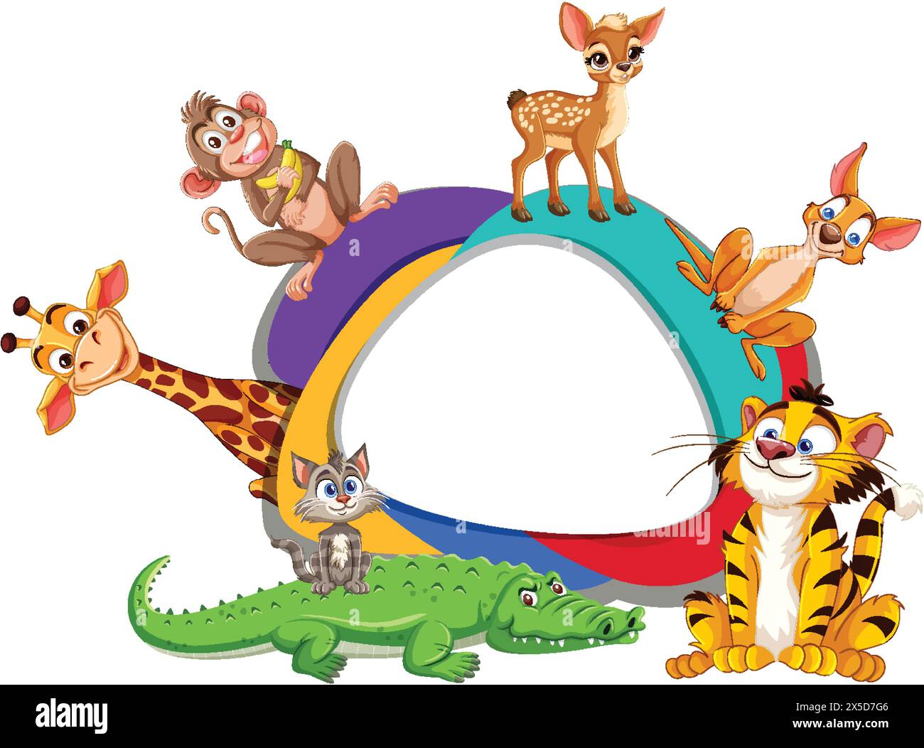 Cartoon animals playing around a vibrant rainbow Stock Vector Image ...